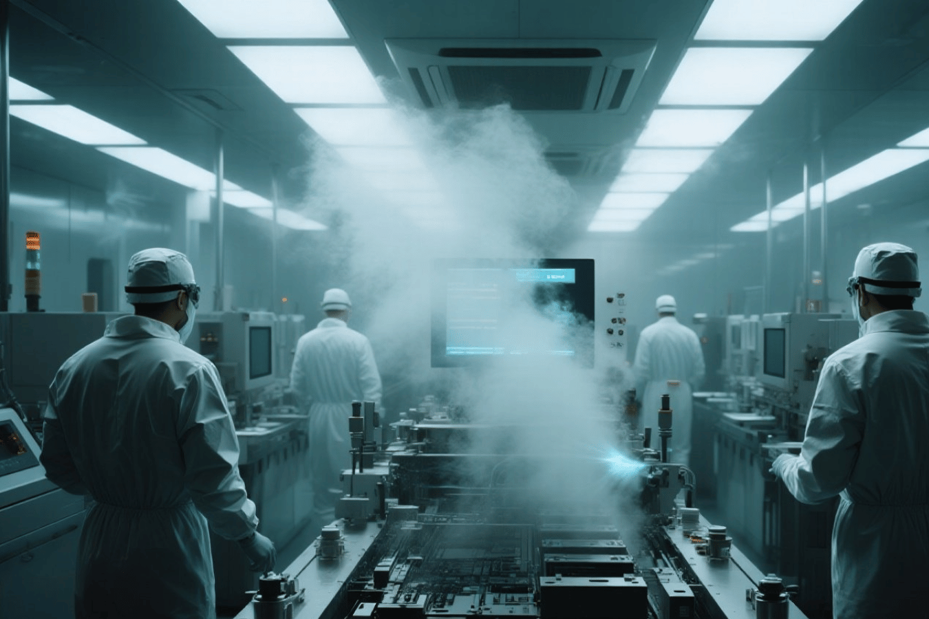 Cleanroom technicians in protective suits inspect circuit-board ...
